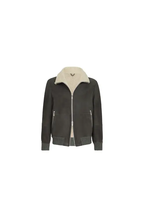 Brunello Cucinelli Suede Curly Shearling Bomber Jacket