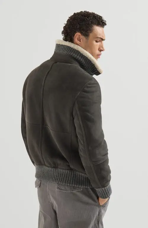 Brunello Cucinelli Suede Curly Shearling Bomber Jacket