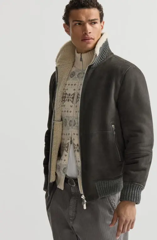 Brunello Cucinelli Suede Curly Shearling Bomber Jacket