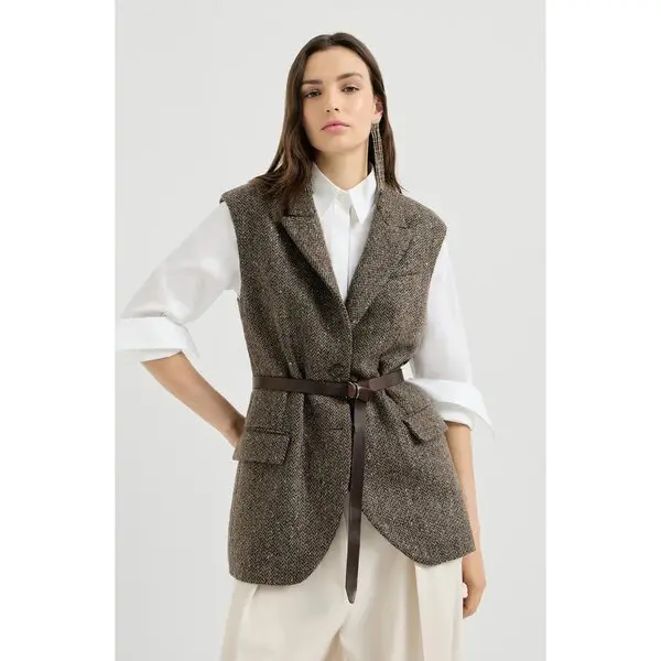Brunello Cucinelli Sparkling Virgin Wool Chevron Vest With Leather Belt And Monili - Pine Cone Brown