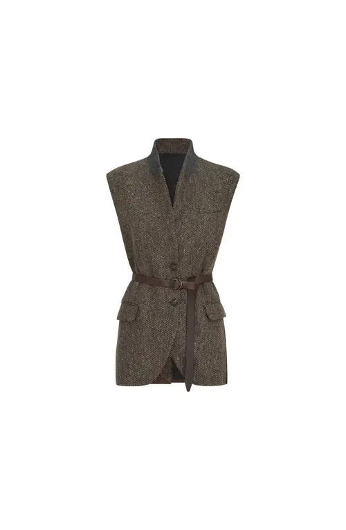 Brunello Cucinelli Sparkling Virgin Wool Chevron Vest With Leather Belt And Monili - Pine Cone Brown