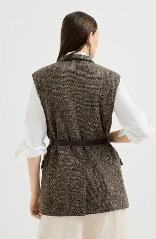 Brunello Cucinelli Sparkling Virgin Wool Chevron Vest With Leather Belt And Monili - Pine Cone Brown