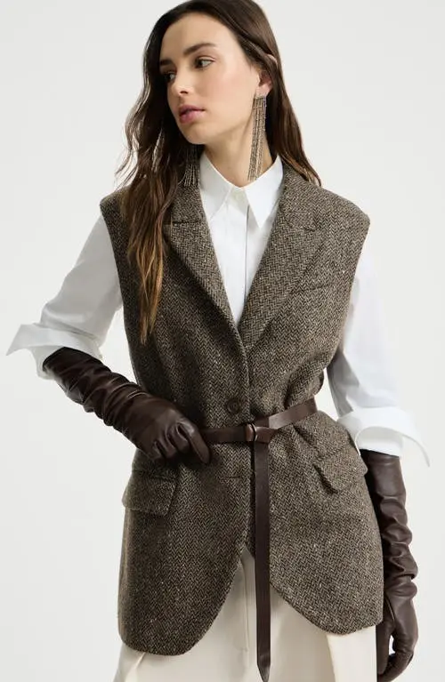 Brunello Cucinelli Sparkling Virgin Wool Chevron Vest With Leather Belt And Monili - Pine Cone Brown