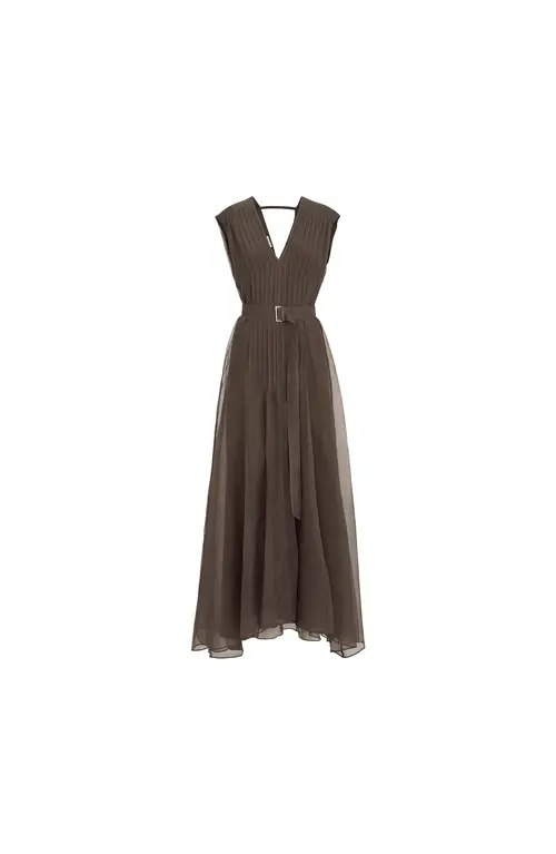 Brunello Cucinelli Crispy Silk Belted Dress With Pleated Detail And Precious Strap - Brown