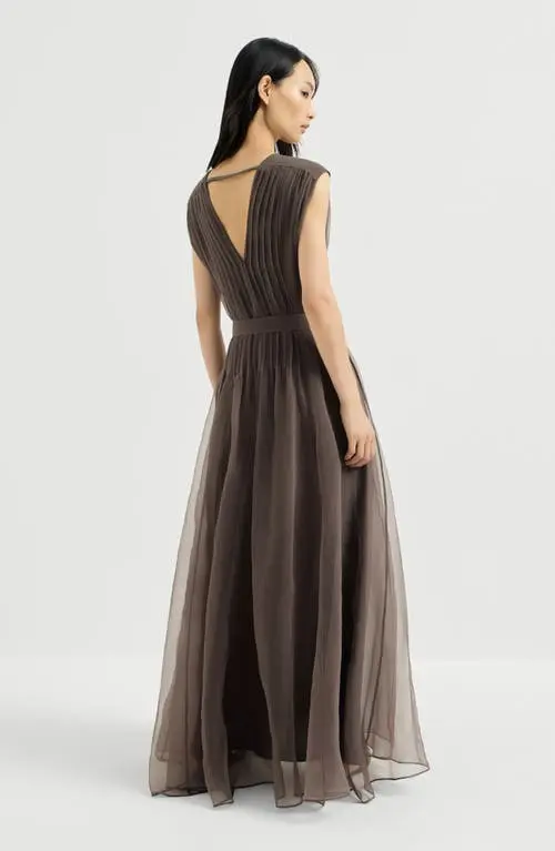 Brunello Cucinelli Crispy Silk Belted Dress With Pleated Detail And Precious Strap - Brown