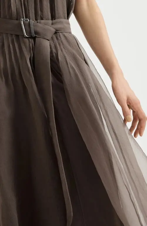 Brunello Cucinelli Crispy Silk Belted Dress With Pleated Detail And Precious Strap - Brown