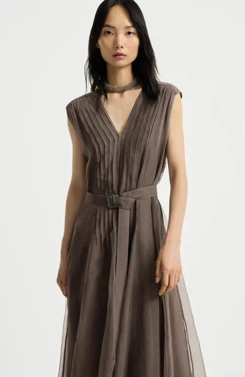 Brunello Cucinelli Crispy Silk Belted Dress With Pleated Detail And Precious Strap - Brown