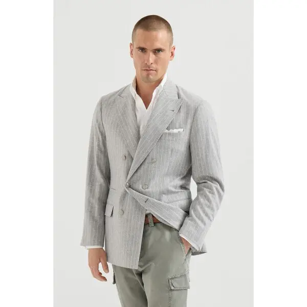 Brunello Cucinelli Virgin Wool And Cashmere Chalk Stripe Flannel One-and-a-half Breasted Deconstructed Blazer With Metal Buttons - Light Grey