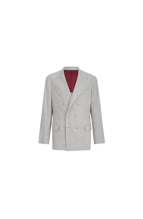 Brunello Cucinelli Virgin Wool And Cashmere Chalk Stripe Flannel One-and-a-half Breasted Deconstructed Blazer With Metal Buttons - Light Grey