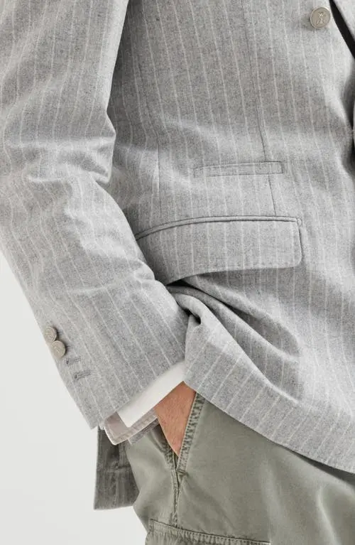 Brunello Cucinelli Virgin Wool And Cashmere Chalk Stripe Flannel One-and-a-half Breasted Deconstructed Blazer With Metal Buttons - Light Grey