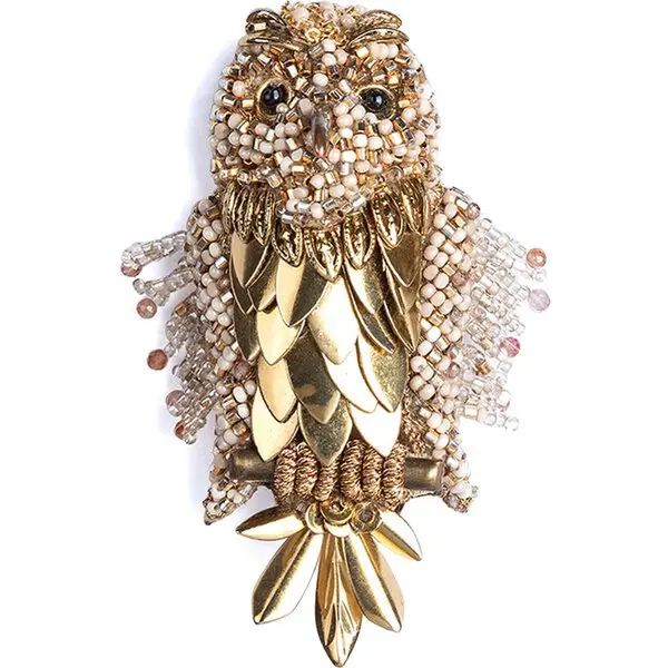 Deepa Gurnani Tawny Beaded Owl Brooch - Gold