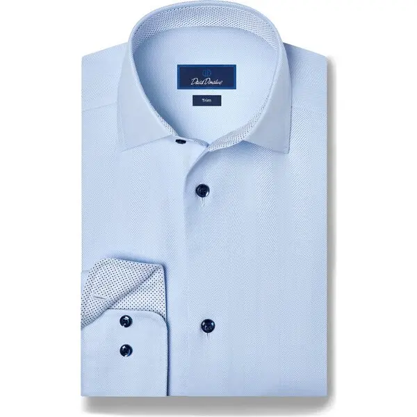 David Donahue Trim Fit Herringbone Contrast Cotton Dress Shirt - Sky
