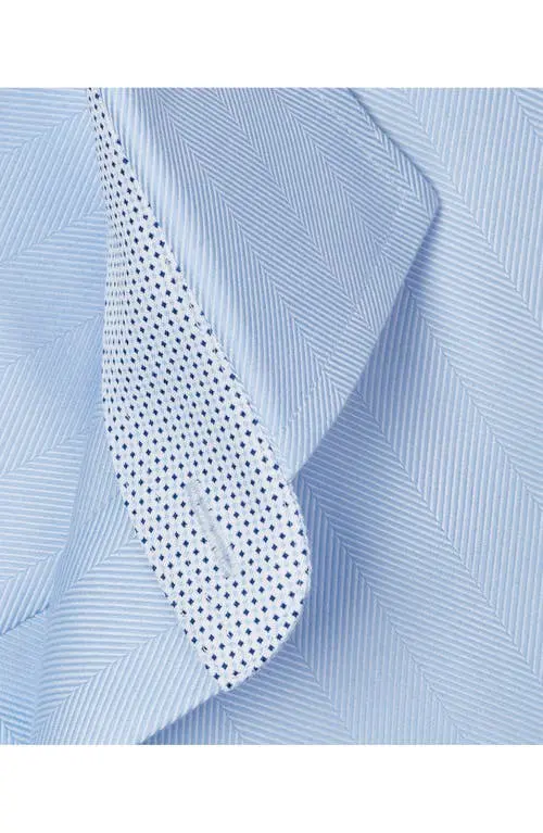 David Donahue Trim Fit Herringbone Contrast Cotton Dress Shirt - Sky