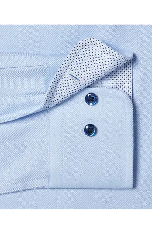 David Donahue Trim Fit Herringbone Contrast Cotton Dress Shirt - Sky