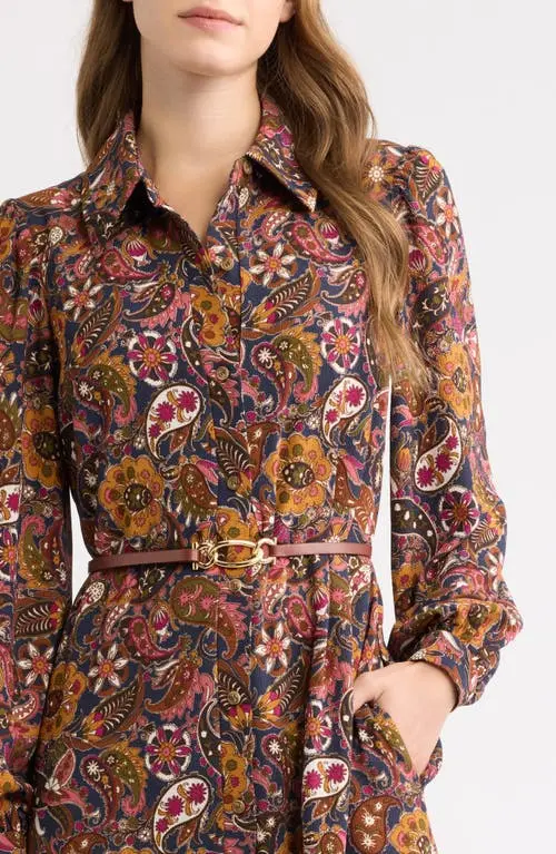Eliza J Print Belted Long Sleeve Maxi Shirtdress