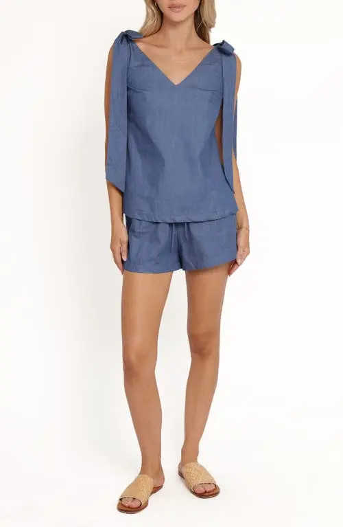 PETAL & PUP Francis Cotton V-neck Top & Shorts Set - Denim