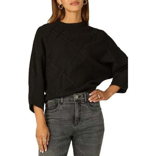 Wit & Wisdom Three-quarter Sleeve Crewneck Sweater With Textured Criss-cross Detailing - Black