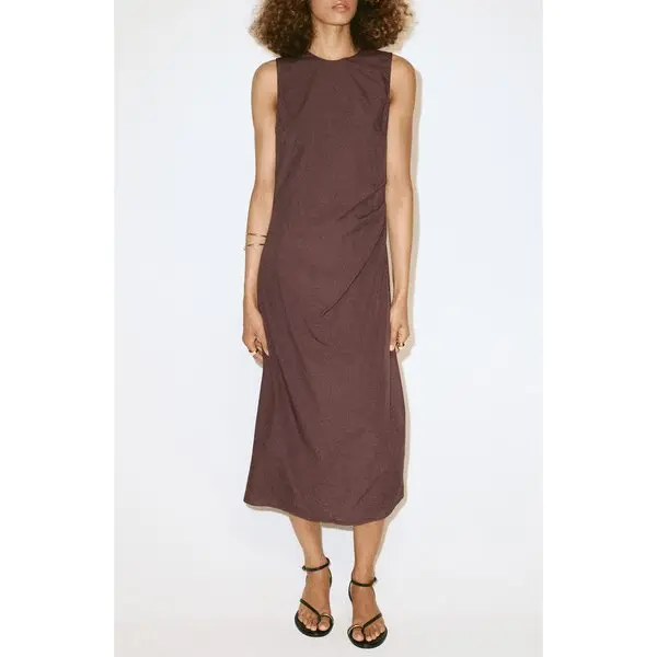 Mango Ruched Side Tie Dress - Brown