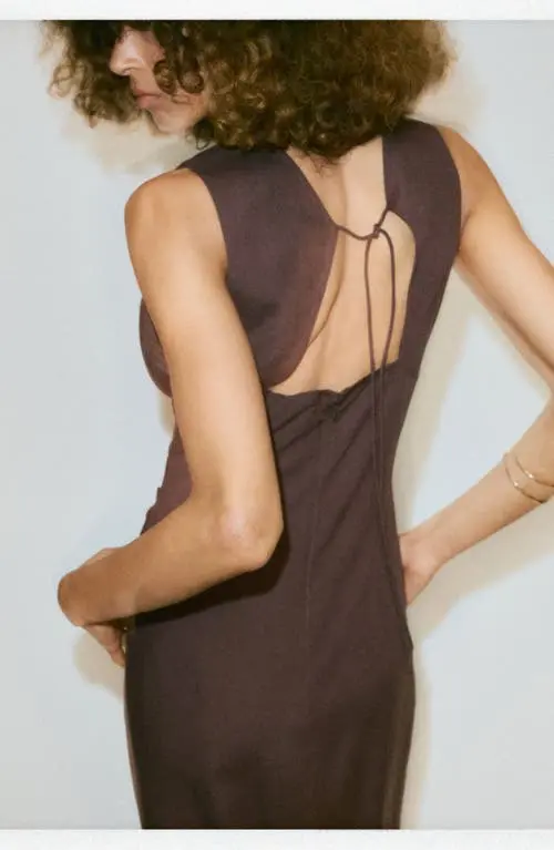 Mango Sleeveless Jewel Neck Ruched Side Tie Midi Dress - Brown