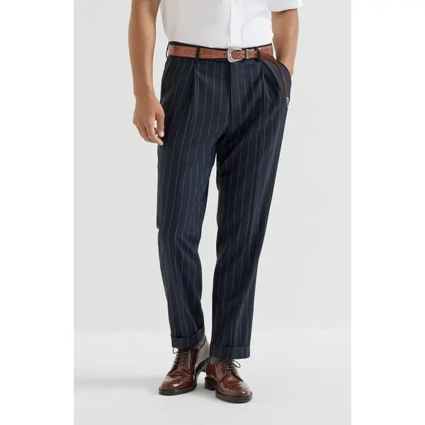 Brunello Cucinelli Super 150s Virgin Wool Wide Chalk Stripe Batavia Trousers With Pleat - Blue