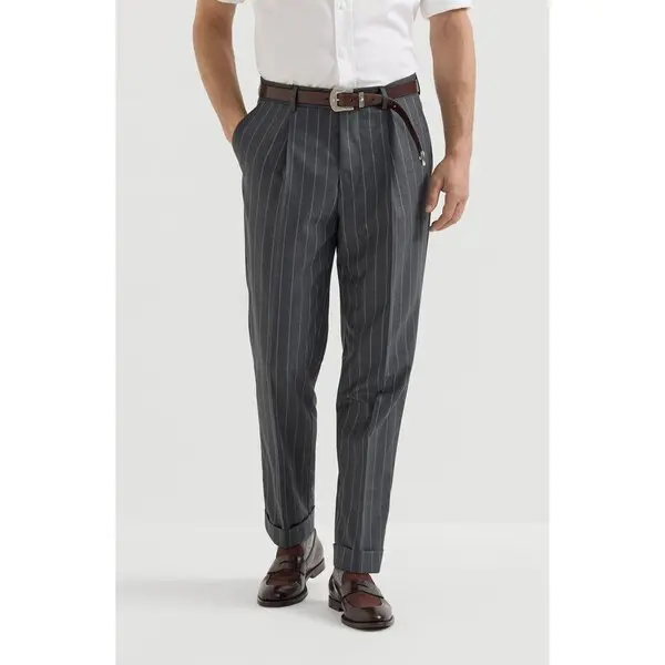 Brunello Cucinelli Super 150s Virgin Wool Wide Chalk Stripe Batavia Trousers - Grey