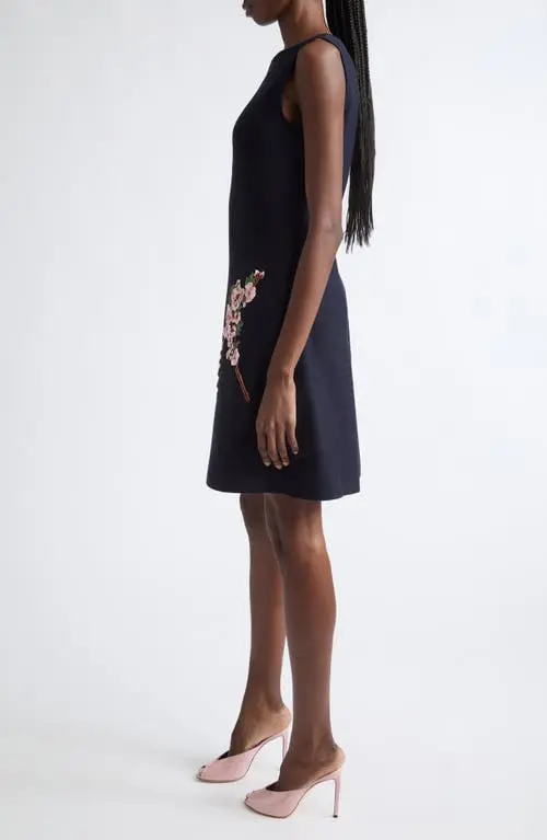 Oscar De La Renta Mixed Botanical Embroidered Wool Knit Dress - Navy