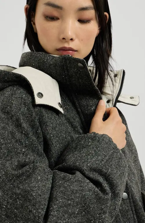 Brunello Cucinelli Virgin Wool Donegal Down Jacket With Detachable Hood And Shiny Zipper Pull