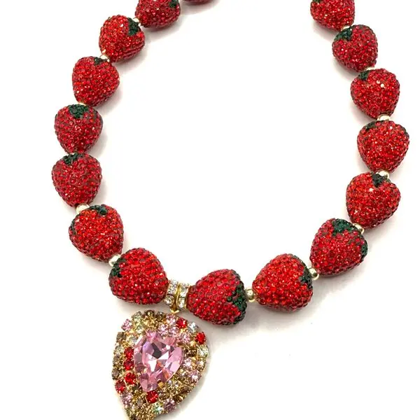 ACHALA HANDCRAFTED Red / Pink Strawberry Heart Statement Necklace
