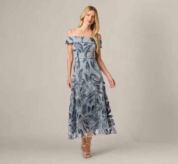 Adrianna Papell Off-shoulder Embroidered Leaf Gown