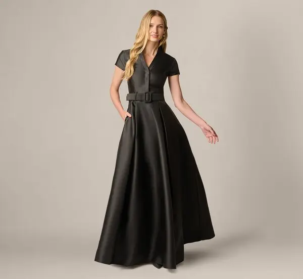 Adrianna Papell Cap Sleeve Belted Mikado Ballgown - Black