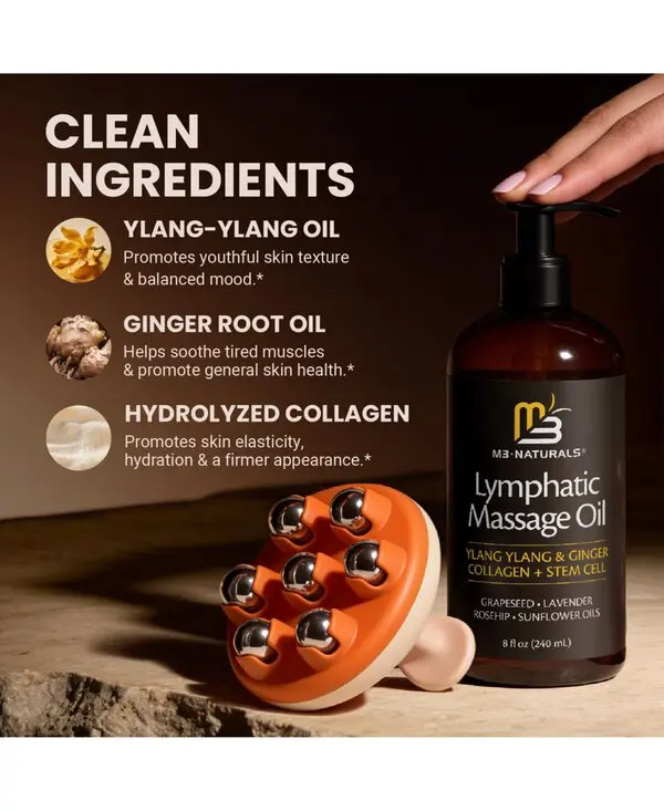 M3 Naturals Lymphatic Massage Oil And Roller Kit Ylang Ylang And Ginger 8 Fl Oz