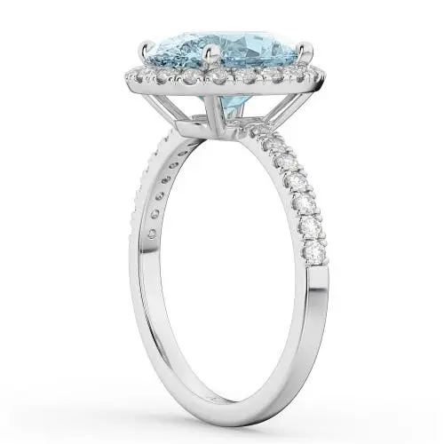 ALLUREZ Oval Cut Halo Aquamarine & Diamond Engagement Ring In 14k White Gold