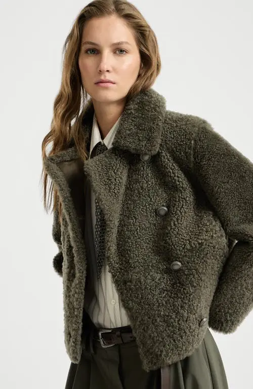 Brunello Cucinelli Fuzzy Shearling Pea Coat - Green