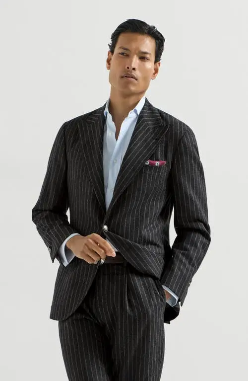 Brunello Cucinelli Virgin Wool And Cashmere Chalk Stripe Flannel Deconstructed Blazer With Large Peak Lapels And Metal Buttons - Anthracite