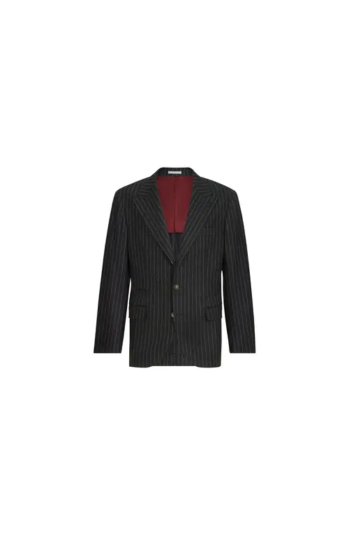 Brunello Cucinelli Virgin Wool And Cashmere Chalk Stripe Flannel Deconstructed Blazer With Large Peak Lapels And Metal Buttons - Anthracite