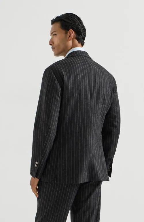 Brunello Cucinelli Virgin Wool And Cashmere Chalk Stripe Flannel Deconstructed Blazer With Large Peak Lapels And Metal Buttons - Anthracite