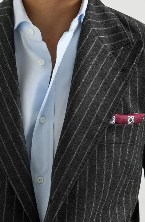 Brunello Cucinelli Virgin Wool And Cashmere Chalk Stripe Flannel Deconstructed Blazer With Large Peak Lapels And Metal Buttons - Anthracite