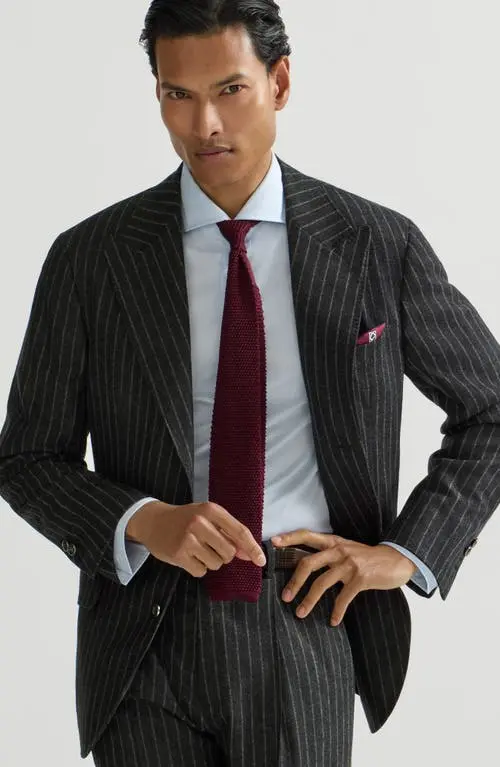 Brunello Cucinelli Virgin Wool And Cashmere Chalk Stripe Flannel Deconstructed Blazer With Large Peak Lapels And Metal Buttons - Anthracite