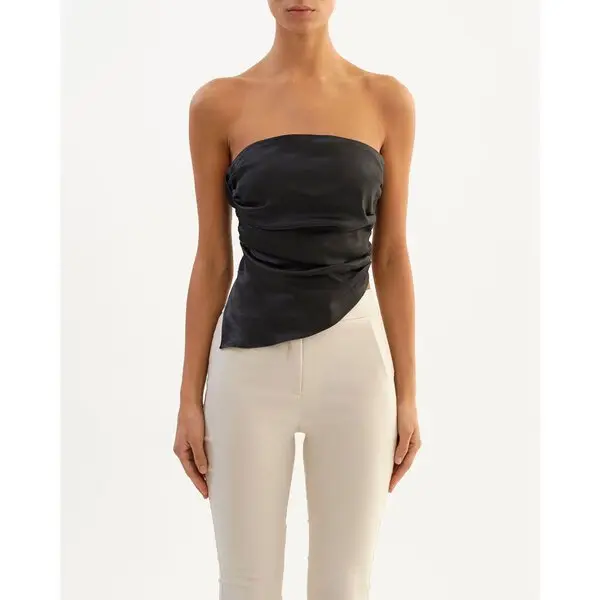 LAMARQUE Asymmetric Satin Scarf Tube Top - Black