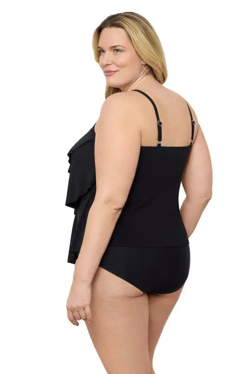 AQUA GREEN Triple Ruffle Tier Adjustable Tankini Swimsuit Top - Black