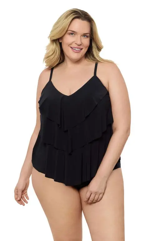AQUA GREEN Triple Ruffle Tier Adjustable Tankini Swimsuit Top - Black