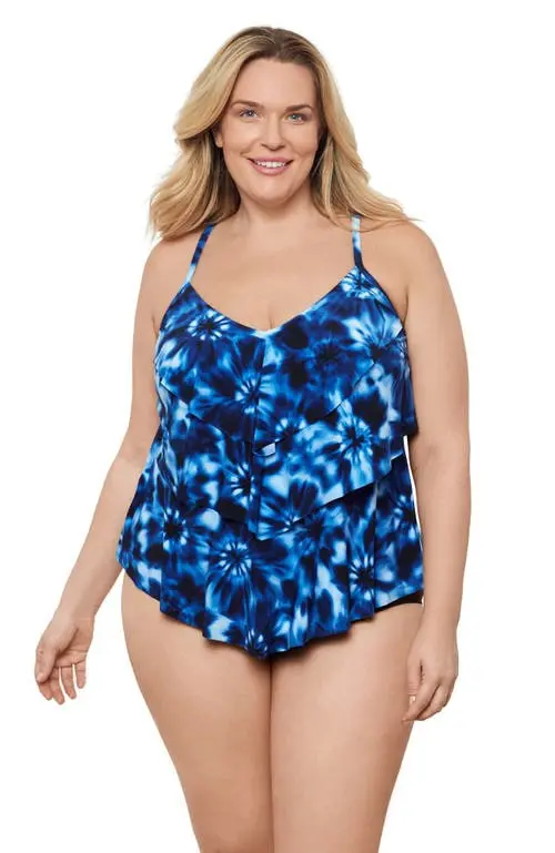 AQUA GREEN Triple Ruffle Tier Adjustable Tankini Swimsuit Top - Chic Tie Dye