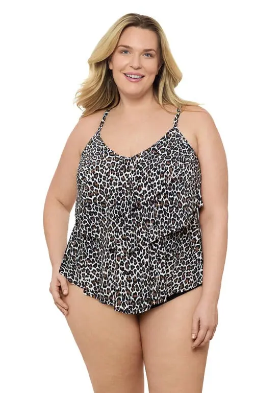 AQUA GREEN Triple Ruffle Tier Adjustable Tankini Swimsuit Top - Desert Leopard