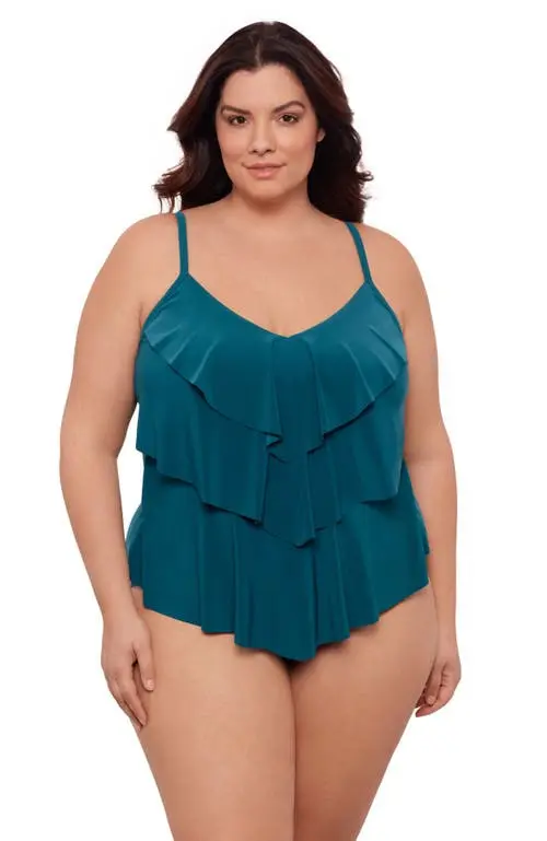 AQUA GREEN Triple Ruffle Tier Adjustable Tankini Swimsuit Top - Lagoon