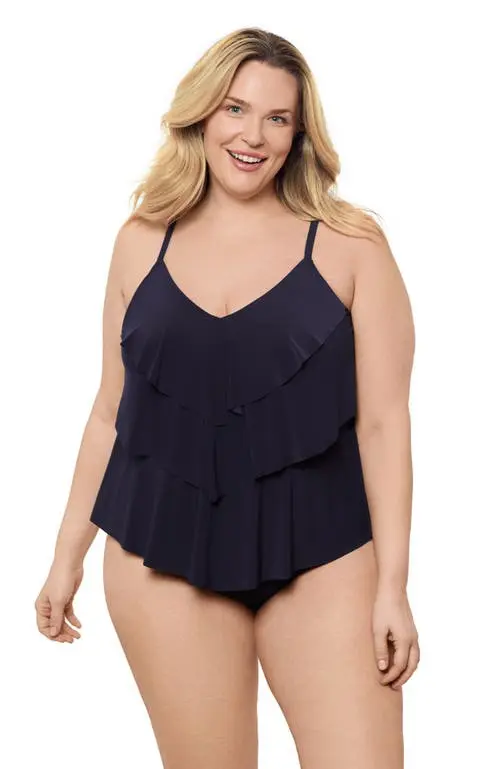 AQUA GREEN Triple Ruffle Tier Adjustable Tankini Swimsuit Top - True Navy