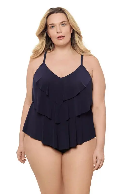 AQUA GREEN Triple Ruffle Tier Adjustable Tankini Swimsuit Top - True Navy