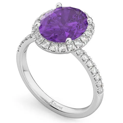 ALLUREZ Oval Cut Amethyst And Diamond Halo Engagement Ring In 14k White Gold
