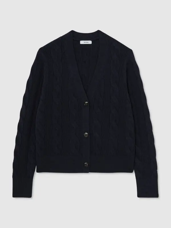 REISS Elowen Wool-cashmere Cable-knit Cardigan - Navy