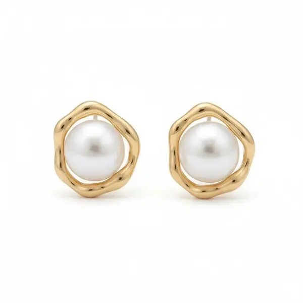 ANGEL BAROCCO Freshwater Round Pearl Stud Earrings With Sculptural Metal Frame - Gold