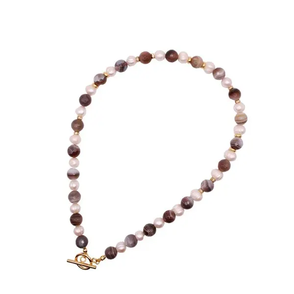 URBANE JEWELRY STUDIO Freshwater Pearl And Botswana Agate Necklace - White/grey/gold